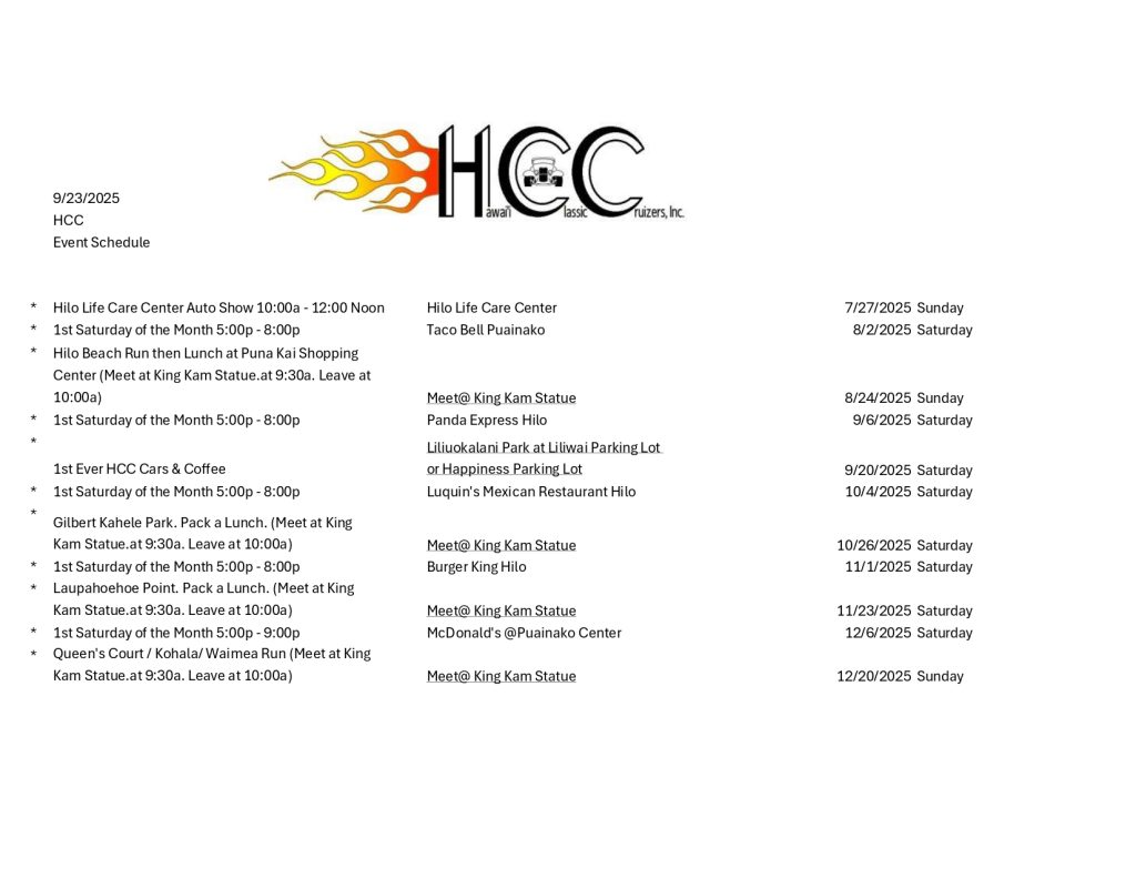 HCC 2025 Remaining Event Calendar....Cruize's Returning! (Revised ...