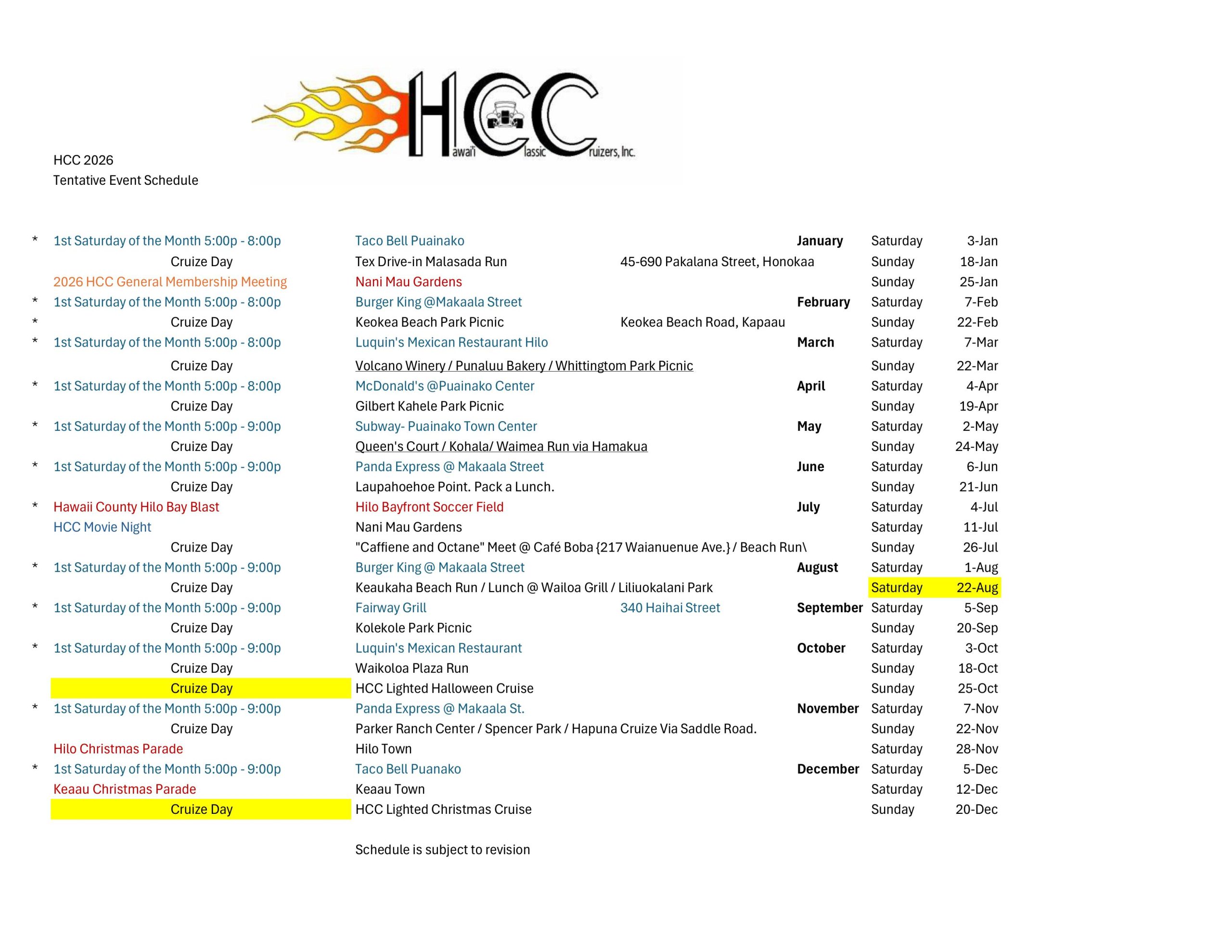 2026 HCC Event Schedule - Hawaii Classic Cruizers, Inc.